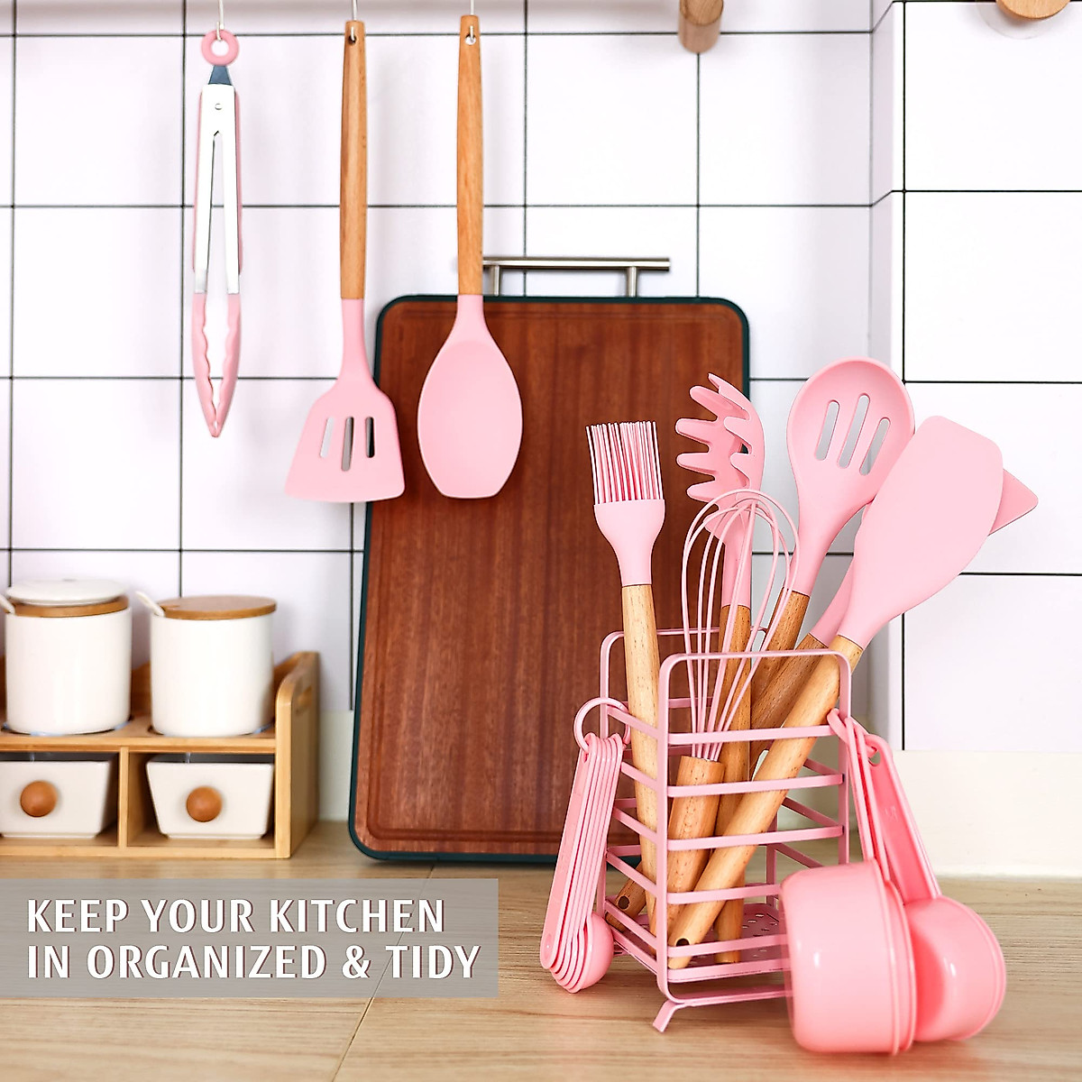 hecef Kitchen Utensils Set, 32 PCS Silicone Cooking Utensils Set with Stainless Steel Holder, 446°F Heat Resistant Food Grade Kitchen Gadgets Tools Set Wooden Handle for Nonstick Cookware (Pink)