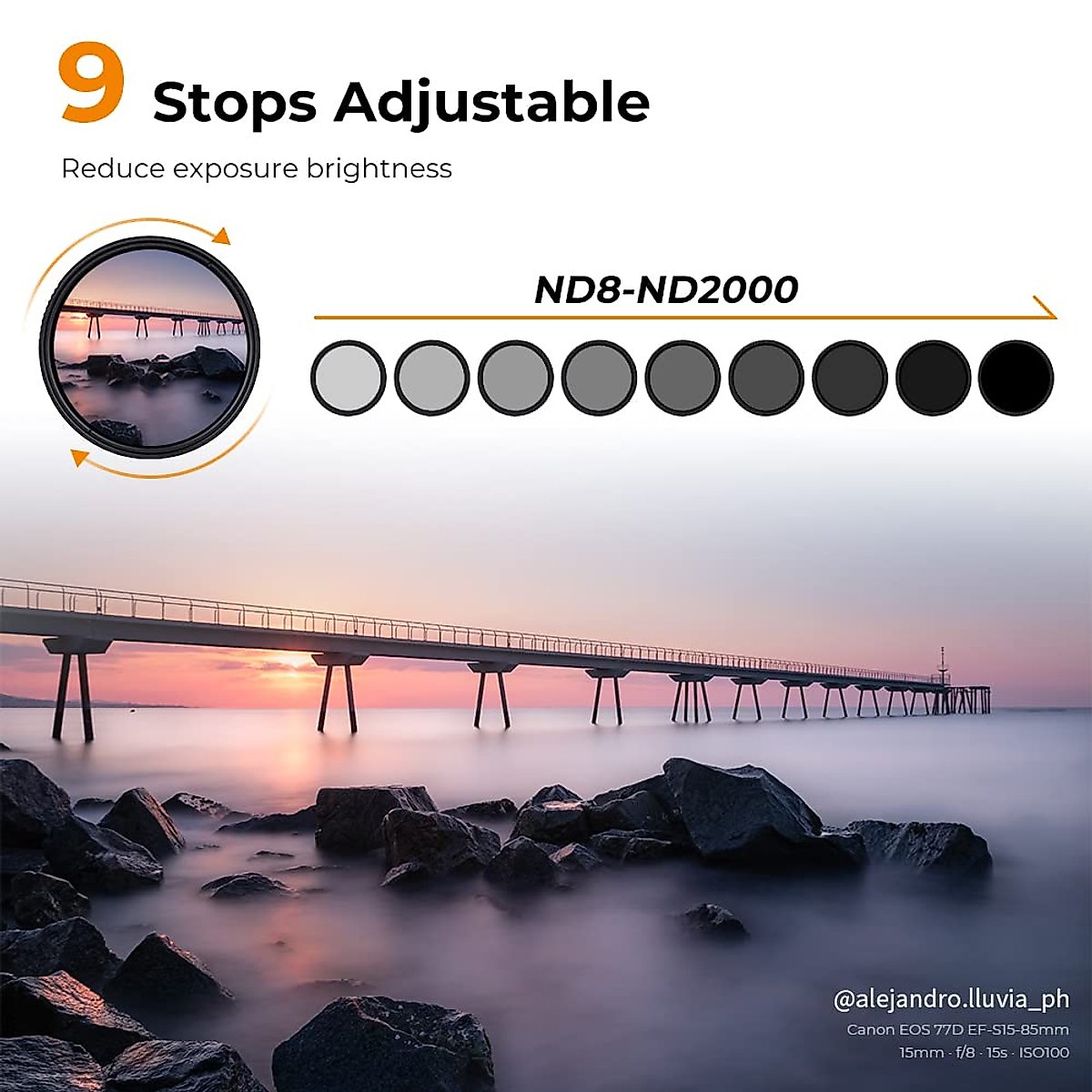 49mm Variable ND8-ND2000 & Fixed ND1000 Lens Filter Kit (2 Pcs) 3-11 Stops Adjustable ND Lens Filter and 10 Stops Fixed ND Filter