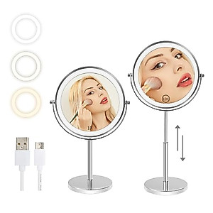 Makeup Mirror with Lights and Magnification1X/10X Height Adjustable 8" Vanity Mirror with Lights 3 Color Dimmable Rechargeable Double Sided 360°Rotation Touch Lighted Makeup Mirror Gifts for Women
