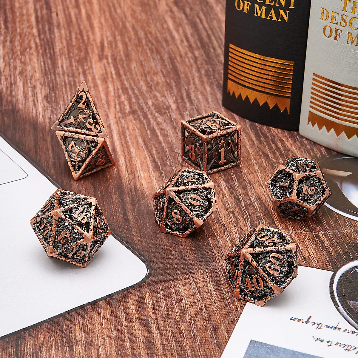 Hollow Metal DND Game Dice Set Shield and Dragon Sword，with Metal Gift case for Dungeons and Dragons RPG MTG Table Games D&D Pathfinder Shadowrun and Math Teaching (Ancient Copper)