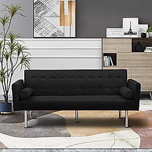 Velvet Futon Sofa Bed with 5 Golden Metal Legs, Sleeper Sofa Couch with Two Pillows, Convertible Loveseat for Living Room and Bedroom (Black)