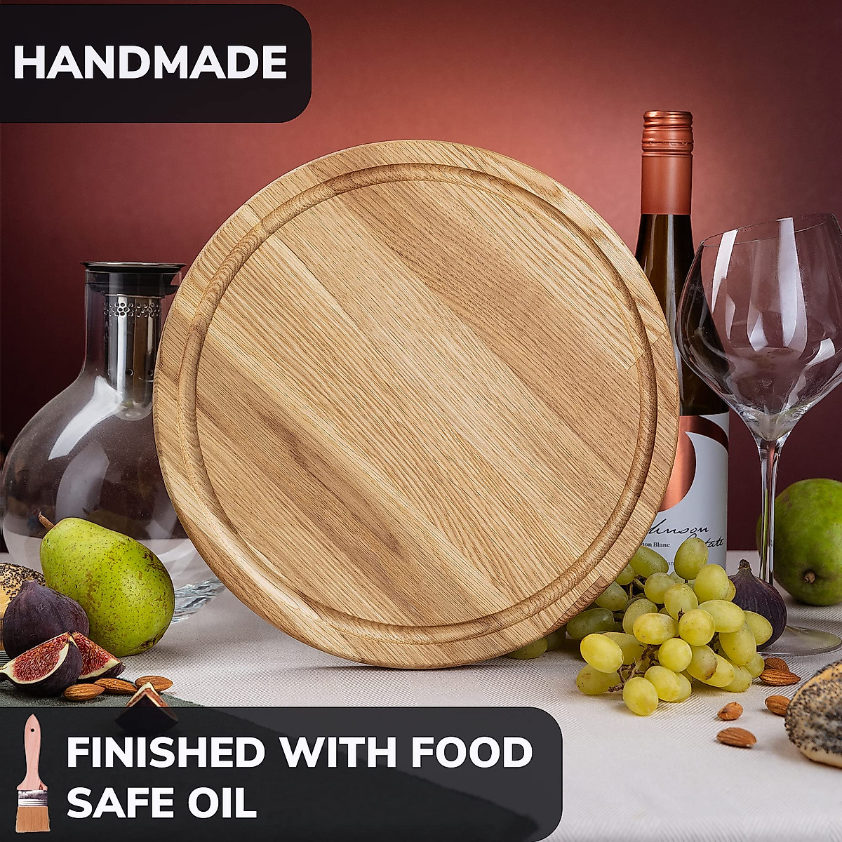 Round Cutting Board 11" - Wood Cutting Board - Oak Cutting Board - Real Wood Cutting Board - Chopping Board for Kitchen - Edge Grain Oak Wood Board