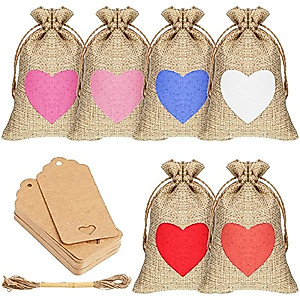 36 Pieces Valentine's Day Heart Burlap Bags with Drawstring Gift Bags 6 x 4 Inch Party Favor Bag Mini Rustic Pouches Heart Burlap Bags with Tags and Rope for Valentine's Day Wedding Bridal Shower