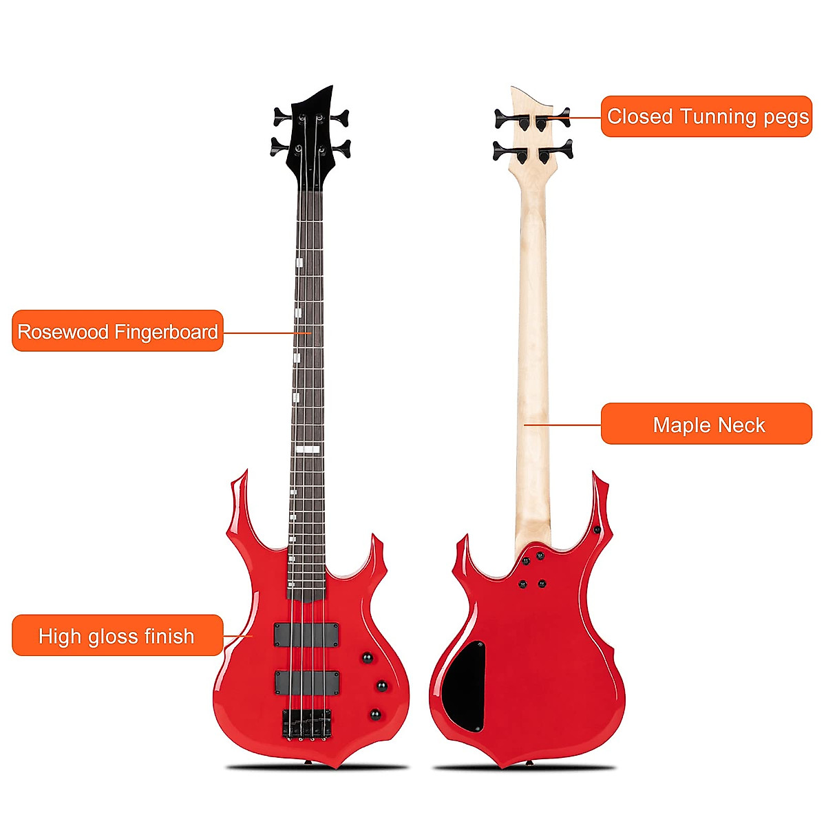 Ktaxon Electric Bass Guitar Full Size Flame Design Bass Set with 20 Watt Amplifier, Portable Bass Bag, Superior Amp Wire, Adjustable Guitar Strap, Plectrum, Wrench Tool(Red)