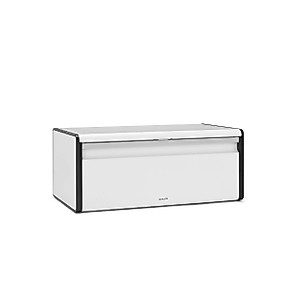 Brabantia Rectangular Fall Front Bread Box (White) Large Front Opening Flat Top Bread Store for Kitchen Counter, Fits 2 Loaves