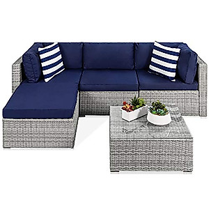 Best Choice Products 5-Piece Modular Conversation Set, Outdoor Sectional Wicker Furniture for Patio, Backyard, Garden w/ 3 Chairs, Ottoman Chair, 2 Pillows, 6 Seat Clips, Coffee Table - Gray/Navy