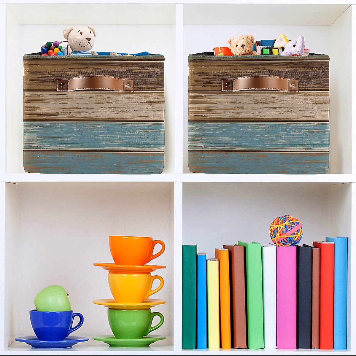 Teal Green Brown Retro Rustic Wood Texture Square Storage Basket Storage Bins Canvas Storage Organizer Closet Shelf Organizer for Home Office, 2 Pc