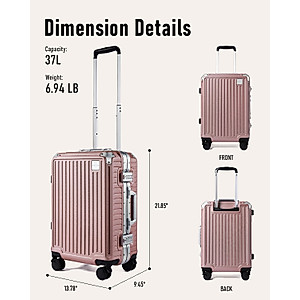 FIGESTIN Carry on Luggage Airline Approved, Aluminum Frame Hard Shell Suitcases with Wheels,100% PC Lightweight, No Zipper Suitcase TSA Approved, 20" Carry-On(Rose Gold)