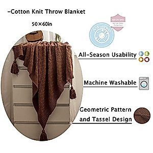 HT&PJ Knit Throw Blanket Cotton Throw Blanket with Tassels Super Soft Warm Cozy Solid Decorative Blanket for Bed, Sofa, Couch, Living Room All Seasons-Caramel, 50"×70"