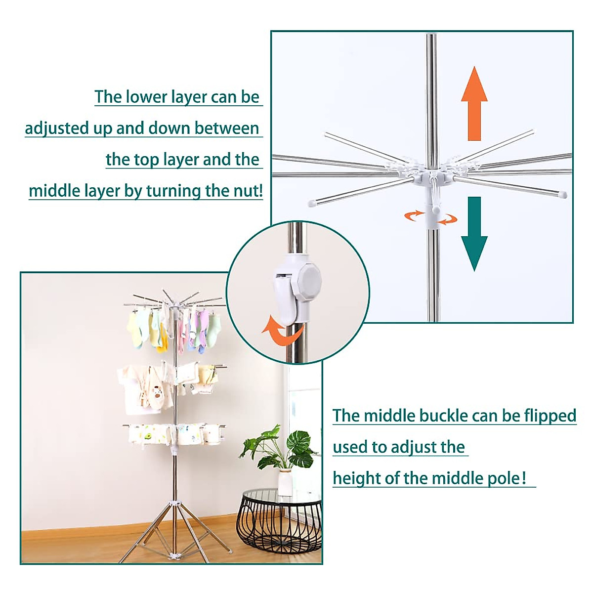 Hershii 3 Tiers Clothes Drying Rack Collapsible Indoor Outdoor Garment Airer Stand Folding Laundry Hanger Organizer Space Saving with Towels Bars and Clothespins, 43.3-66.92inches High