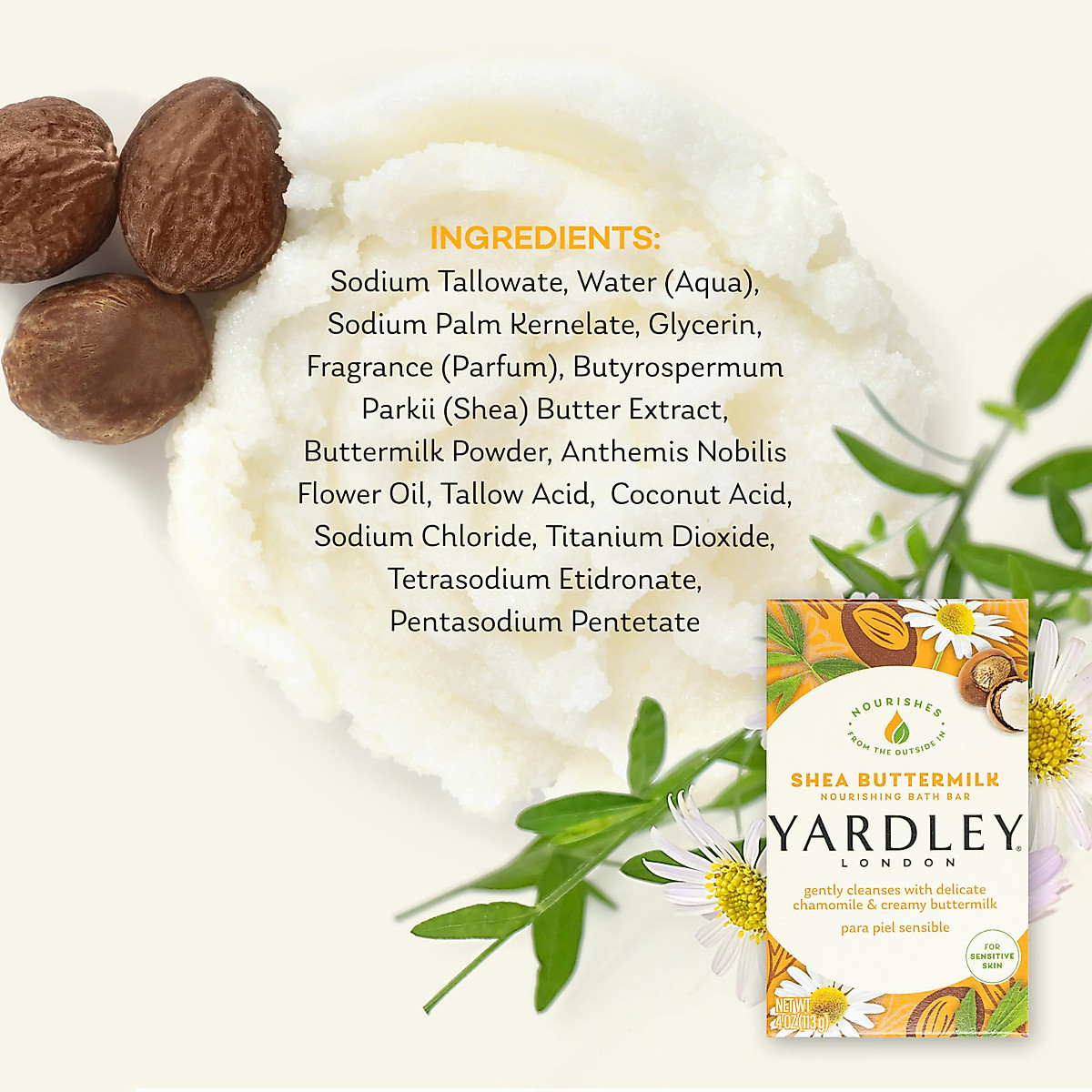 Yardley London Shea Buttermilk Sensitive Skin Naturally Moisturizing Bath Bar, 4.25 ounce, 2 Count