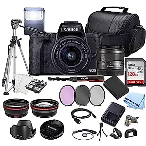 Canon EOS M50 Mark II Mirrorless Camera w/EF-M 15-45mm f/3.5-6.3 is STM Lens + 128GB Memory + Case + Filters + Tripod + More (35pc Bundle) (Renewed)