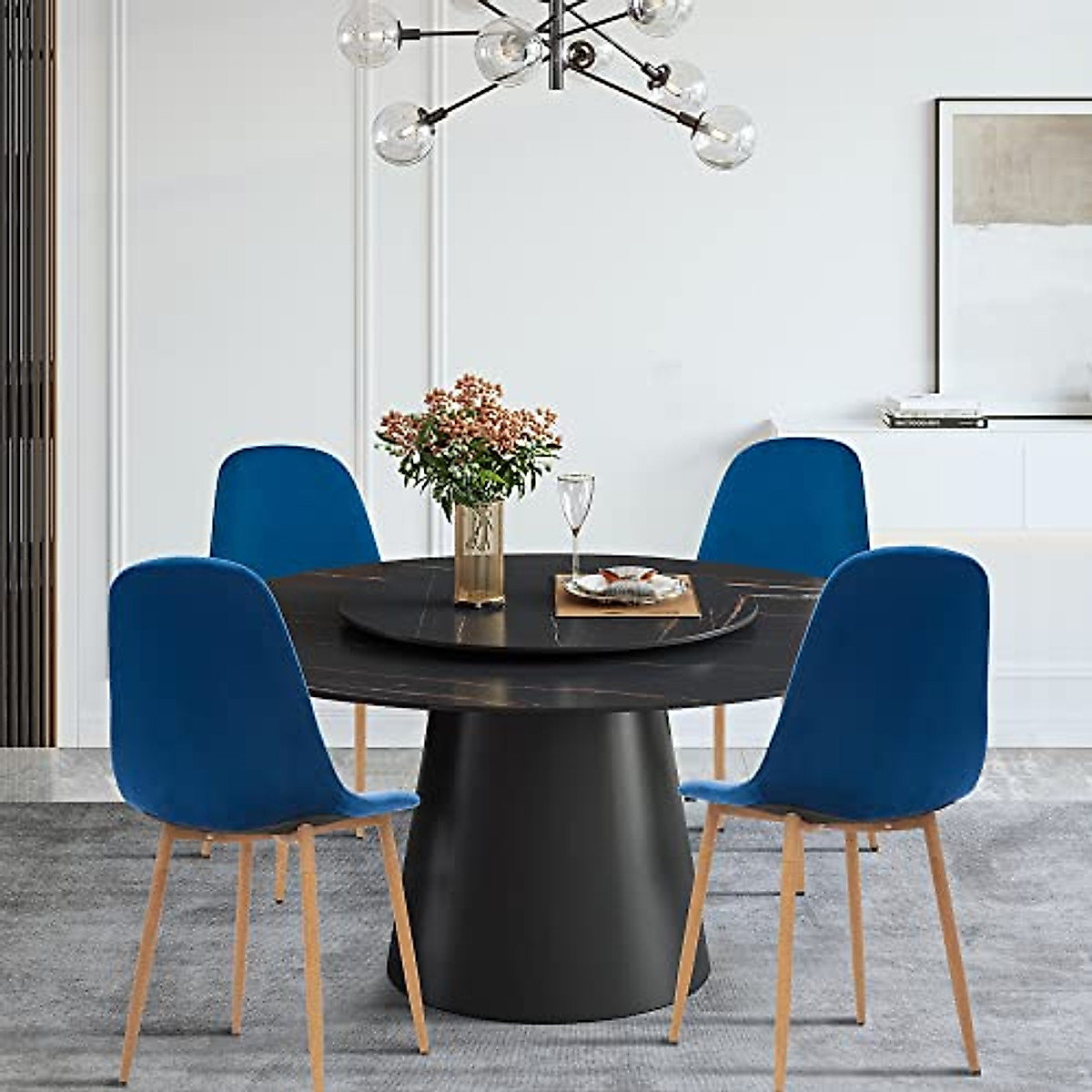 CangLong Dining Kitchen Velvet Cushion Seat, Upholstered Back and Metal Legs, Modern Mid Century Living Room Side Chairs, Set of 4, Blue