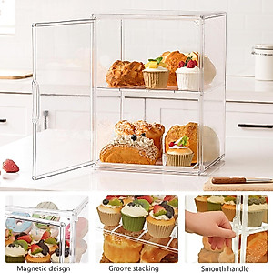 HBlife 2 Pcs Clear Large Bread Box Holder for Kitchen Countertop Double Layer Stackable Bakery Storage Container Acrylic Counter Pastry Keeper for Bread, Bagel, Muffins, Rolls