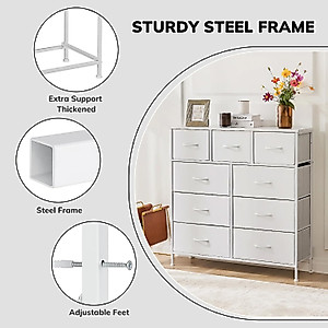 Dresser for Bedroom, 9 Storage Drawers, Anti-Tip Tall Fabric Closet Chests Organizer Tower Furniture with Wooden Top Metal Frame for Clothes, Kids Room, Living Room, Hallway, Entryway (White)