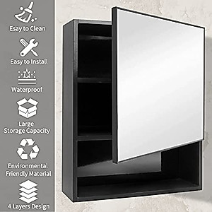 YEPOTUE Mirrored Medicine Cabinet, 23.6" x19.6 Black Bathroom Medicine Cabinet Wall Mounted Space Aluminum Storage, Water, and Rust Resistant, Surface Mount
