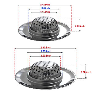 Huntonry Small Bathroom Sink Strainer, Small Drain Hair Catcher for Shower Bath Tub Laundry Sink, Stainless Steel Drain Basket, 2.90" Top / 1.50" Basket and 2.12" Top / 1.15" Basket, 2-Pack