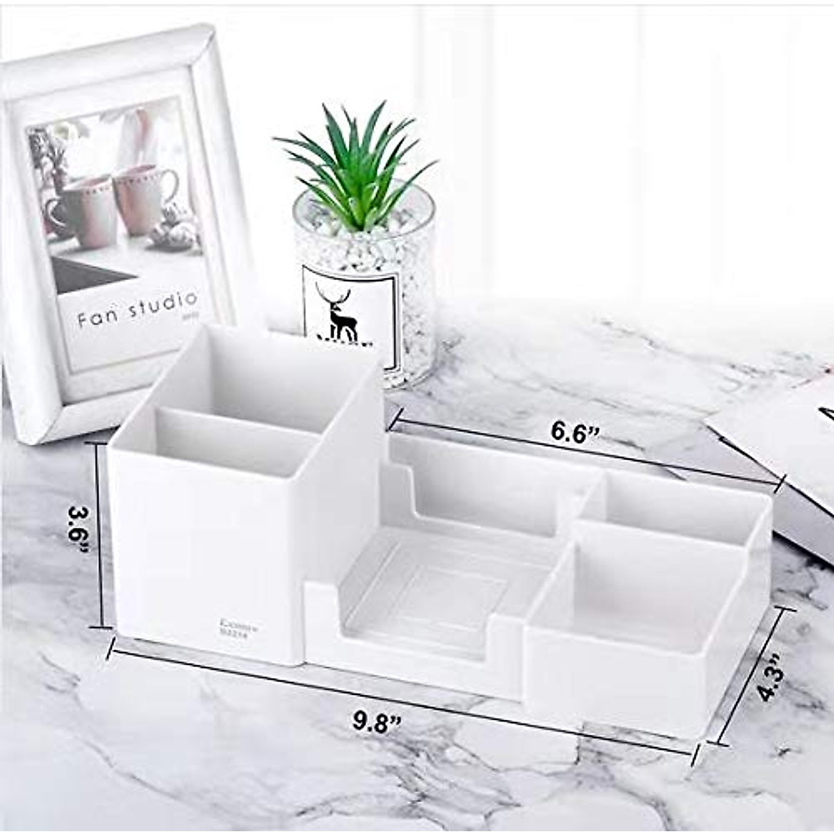Comix Desk Organizer with Pen Holder Sticky Note Tray Paperclip Storage, Office Accessories Caddy, Office Stationery Supply Organizers, 6 Compartments Pencil Holder, White