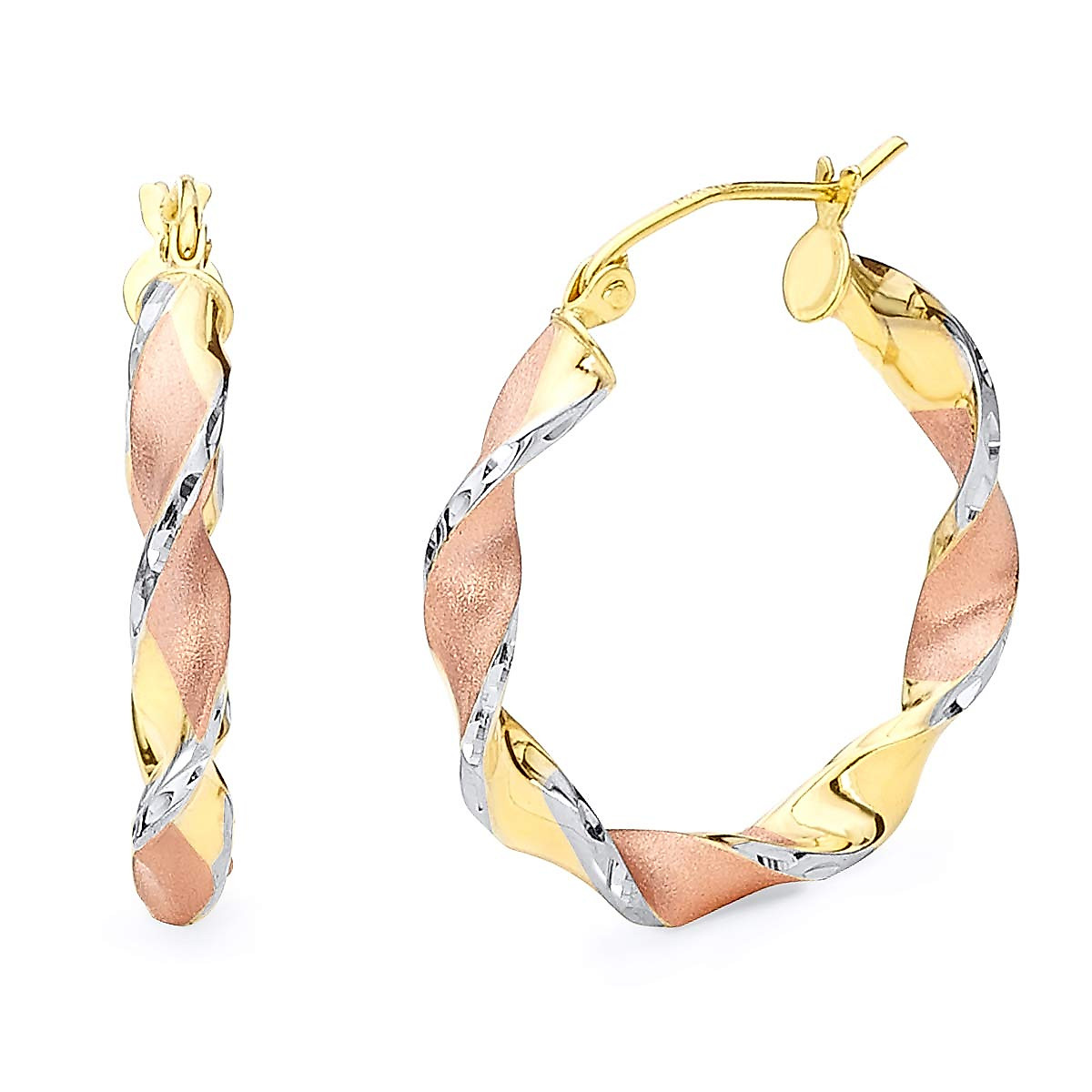 14k REAL Tri Color Gold 4mm Thickness Swirl Hinged Hoop Earrings (25 x 25 mm)