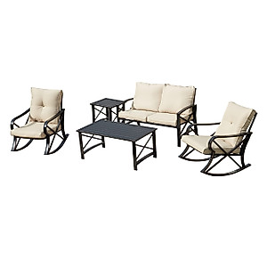 LOKATSE HOME 5 Pieces Outdoor Loveseat Set Rocking Chairs Patio Conversation Furniture Metal Bench with Cushion & Coffee Table, Khaki