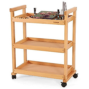 VISWIN 37" H Wood Storage Rolling Cart, Solid Beech Wood 3 Tier Rolling Cart with 4 Lockable Wheels, Multifunctional Art Craft Cart Organizer for Art Supplies, Studio, Classroom, Bedroom, Kitchen