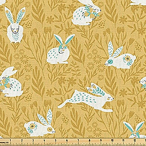 Ambesonne Bunny Fabric by The Yard, Countryside Field Nature Inspired Pattern Animals with Floral Ornaments, Decorative Fabric for Upholstery and Home Accents, 1 Yard, Mustard Seafoam White
