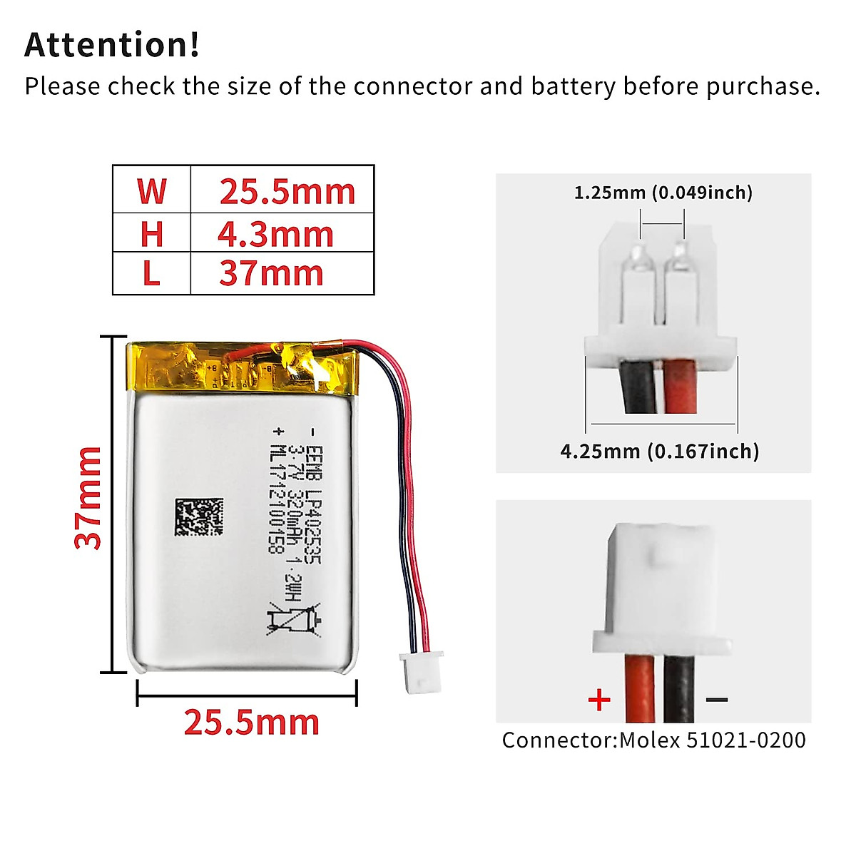 EEMB Lithium Polymer Battery 3.7V 320mAh 402535 Lipo Rechargeable Battery Pack with Wire Molex Connector for Speaker and Wireless Device- Confirm Device & Connector Polarity Before Purchase