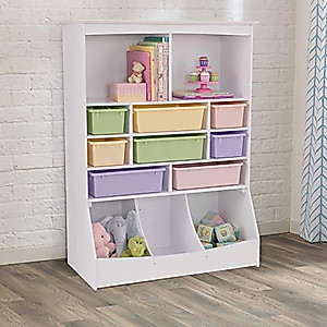 KidKraft Wooden Wall Storage Unit with 8 Plastic Bins and 13 Compartments - White, Gift for Ages 3+ and Nantucket Kid's Wooden Table & 4 Chairs Set with Wainscoting Detail, Pastel, Gift for Ages 3-8