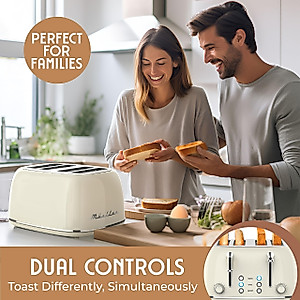 Mueller Retro Toaster 4 Slice with Extra Wide Slots Bagel, Defrost, and Cancel Function, 6 Browning Levels, Dual Independent Controls, Removable Crumb Tray and High Lift Levers, Beige