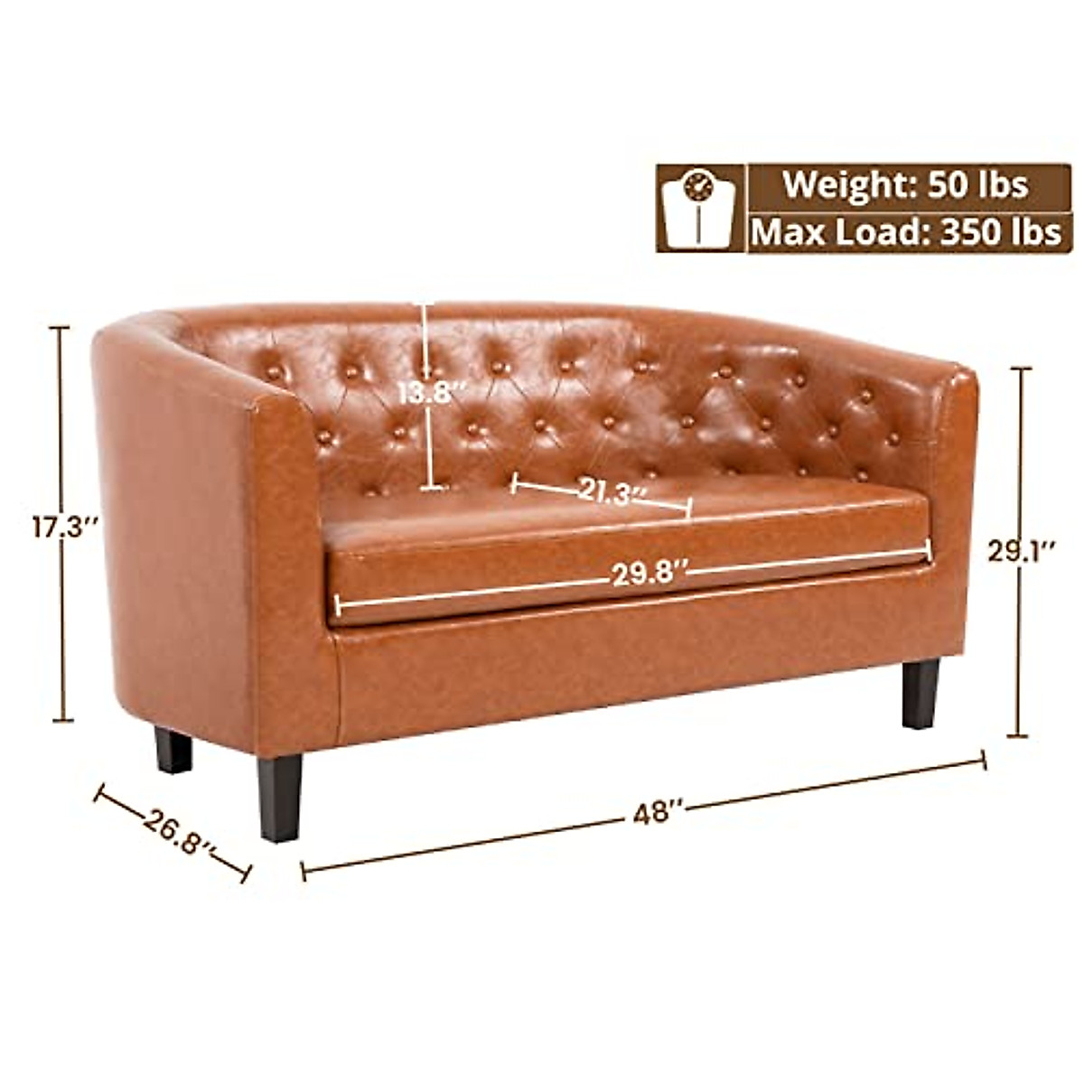 Emma Love Seat, Button Tufted Faux Leather Barrel Loveseat, Midcentury Modern 2 Seater Sofa Couch, Small Loveseat for Small Spaces, Bedrooms, Couches for Living Room, Easy Tool-Free Assembly - Caramel