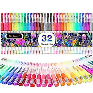 Glitter Gel Pens, 32-Color Neon Glitter Pens Fine Tip Art Markers Set 40% More Ink Colored Gel Pens for Adult Coloring Book, Drawing, Doodling, Scrapbook, Journaling, Sparkle Gel Pen Gift for Kids