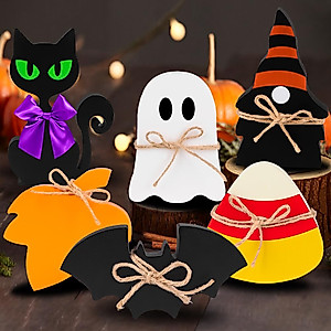 JOICEE Halloween Tiered Tray Decorations, 6Pcs Halloween Wooden Table Sign, Black Cat Ghost Bat Candy Corn Freestanding Table Shelf Farmhouse Rustic Signs for Halloween Home Indoor Décor.