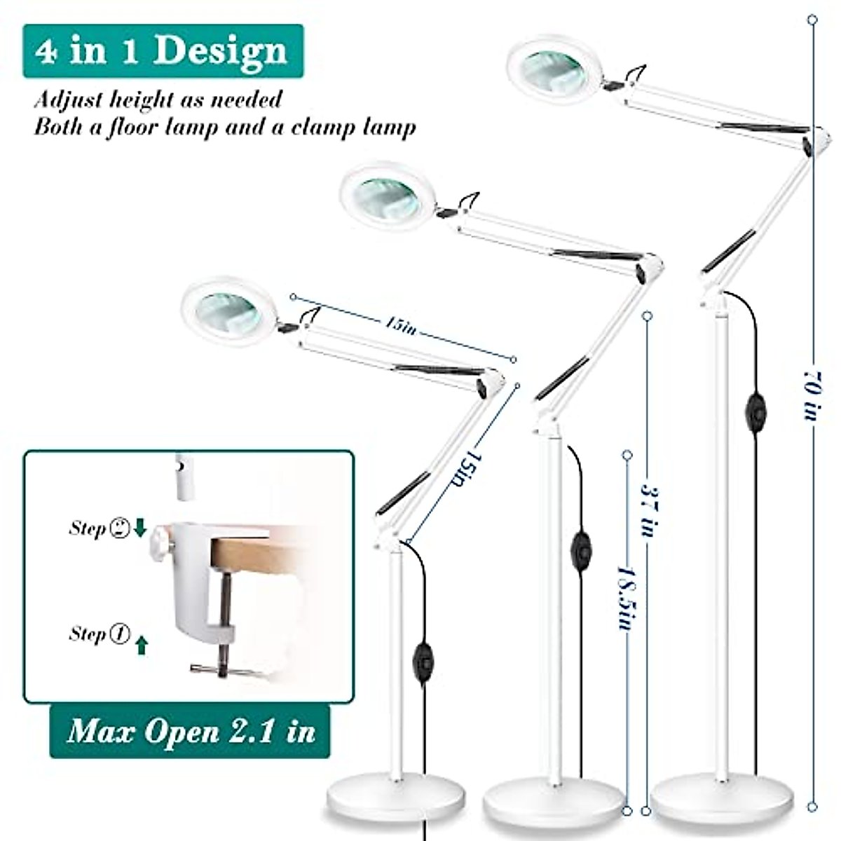 TOMSOO 4-in-1 Magnifying Glass with Light, White/Warm White Lighted Magnifier Lens - Adjustable Swivel Arm Full Spectrum LED Magnifying Floor Lamp with Clamp for Reading, Crafts, Close Work (White)