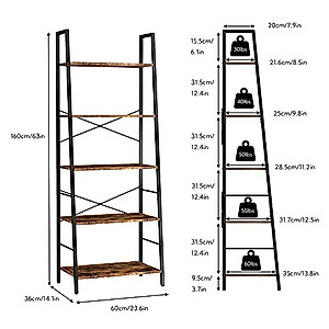 Yusong Bookshelf, Ladder Shelf 5-Tier Bookcase for Bedroom, Industrial Book Shelves Storage Rack with Metal Frame for Home Office, Rustic Brown