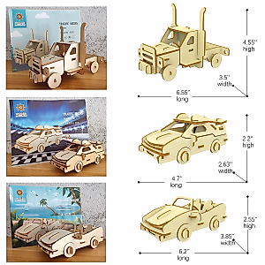 3D Wooden Puzzle - 6 Piece Set Wooden Car Brain Teaser Puzzle - DIY Assembly Car Building Model Kits - Wood STEM Toys Gifts for Kids and Adults Teens Boys Girls