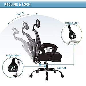 SMUG Office Reclining High Back Desk, Ergonomic Home Mesh, Tilt and Lock,Computer Swivel Task Chair with Lumbar Support Pillow,Adjustable Headrest,Retractable Footrest and Padded Armrests, Black