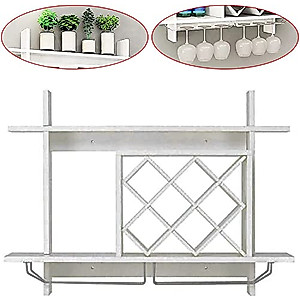 WANLECY Wall Mounted Wine Rack, 6 Bottles Wooden Wine Storage Display Rack with Metal Glass Holder, Modern Diamond-Shaped Wine Bottle Glass Holder Shelf for Wine Bottles, Liquor, Champagne