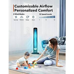 Tower Fan, 42” Oscillating Fan, DC Motor with 28dB Low Noise, 90° Oscillation, 12 Speed Levels, 4 Wind Modes, Night Light, 12-Hour Timer, LED Display, Full Function Remote Control, for Bedroom Living Room Study Office