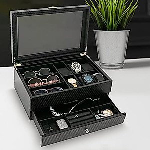 HAUTEROW Watch Box Organizer For Men Jewelry Box, Watch Case Sunglass Organizer Valet Tray Mens Jewelry Organizer Holds 6 Watches 3 Sunglasses