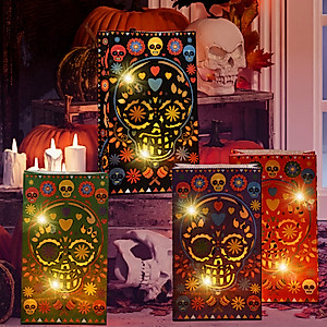 Ireer 30 Pieces Halloween Day of The Dead Luminary Bags Dia De Los Muertos Candy Bags Flame Resistant Candle Bags Sugar Skull Gift Goodie Bags for Mexican Fiesta Halloween Party Favors Supplies