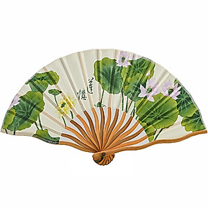 Small Summer Folding Fan, Women's Dance Fan, Lotus Pattern Silk Hand-Held Fan with Bamboo Ribs, Clothing Accessories (Color : Green, Size : 7.1")