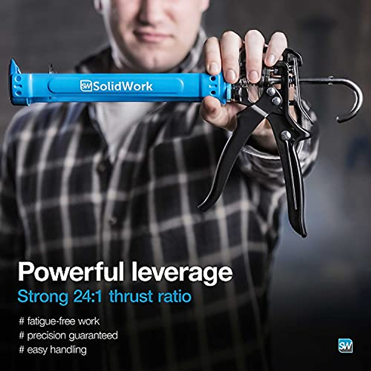 SolidWork Drip-Free Caulk Gun with Ergonomic Steel Handle, up to 1/10 Gallon Cartridge, Adjustable 24:1 or 12:1 Thrust Ratio 1/10 Gallon Cartridge | Blue Caulking Gun