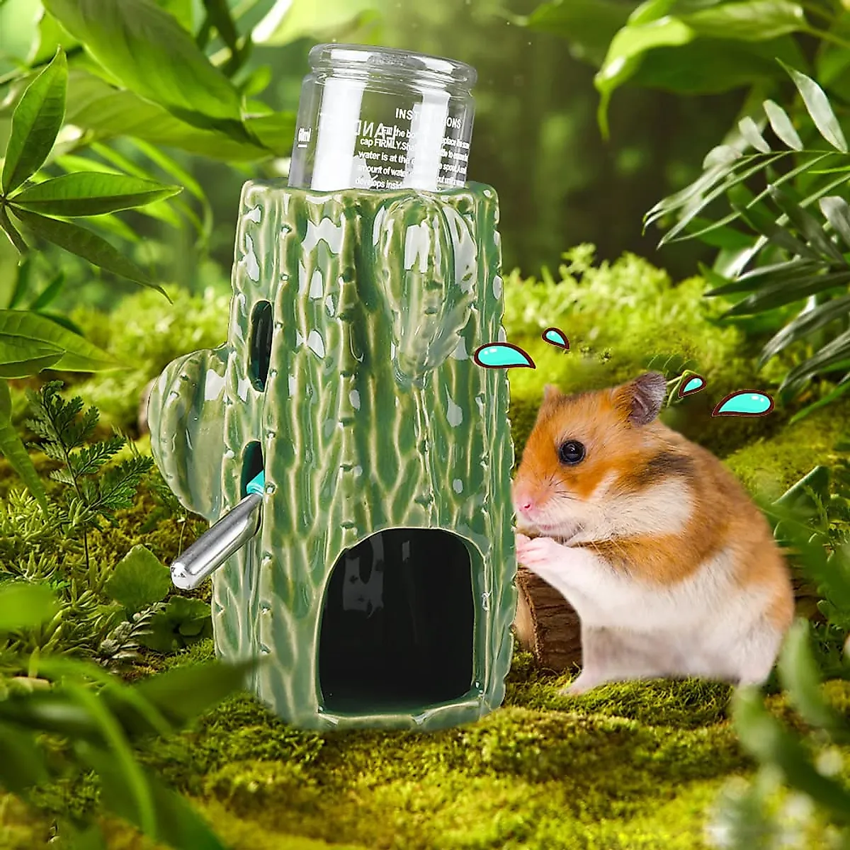 CheeFun Ceramic Hamster Water Bottle: 80ML Adjustable Cactus Water Stand Holder - No Drip Rat Water Bottle for Dwarf Hamster Mice Gerbil Guinea Pig (Light Green)