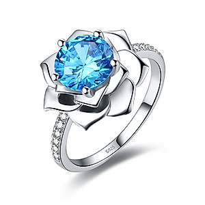 Merthus 8x8mm Round Simulated Blue Topaz 925 Sterling Silver Blossom Flower Lotus Ring for Women Size 6