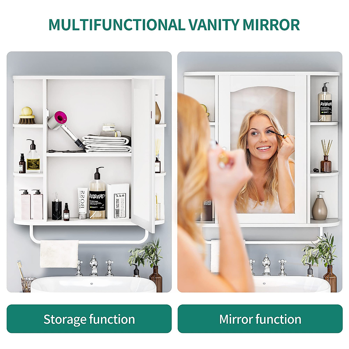 YITAHOME Bathroom Cabinet Medicine Cabinet Organizer, Wall Mounted Bathroom Cabinet with Mirror Door and Removable Shelf for Bathroom Living Room Laundry Bedroom, White