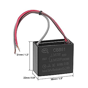 uxcell Ceiling Fan Capacitor CBB61 1.5/2.5uF 250V AC 3 Wires Metallized Polypropylene Film Capacitor 38x31x22mm for Electric Fan Pump Motor Generator