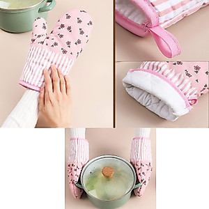 Pink Kitchen Oven Mitts, 2 Piece Set Extra Long Professional Heat Resistant Pink Kitchen Accessories Oven Gloves, 100% Cotton Material Non-Slip