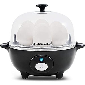 Elite Gourmet EGC-007B Rapid Egg Cooker, 7 Easy-To-Peel, Hard, Medium, Soft Boiled Eggs, Poacher, Omelet Maker, Auto Shut-Off, Alarm, 16-Recipe Booklet, Black