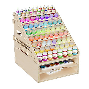 Gtouse Wooden Paint Storage Organizer, Citadel Paint Holder for 76 Bottles of Paints and 16 Paint Brushes Holder, 8-Tiers Craft Paint Storage Rack with 2 Cabinets for Art Tools for Artists