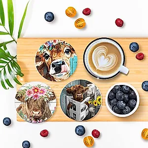 6 Pcs Diamond Art Paintings Coasters Kits with Holder, DIY Highland Cow Coaster Diamond Art Kits for Adults Beginners and Kids.